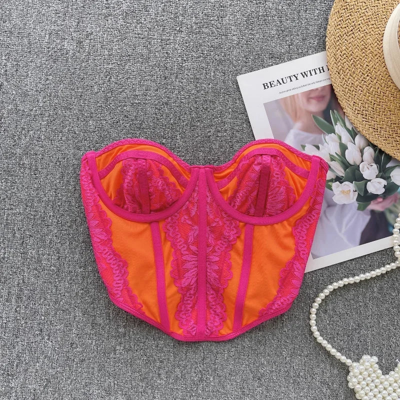 Vibrant Lace-trimmed Orange Bustier With Supportive Design on Luulla