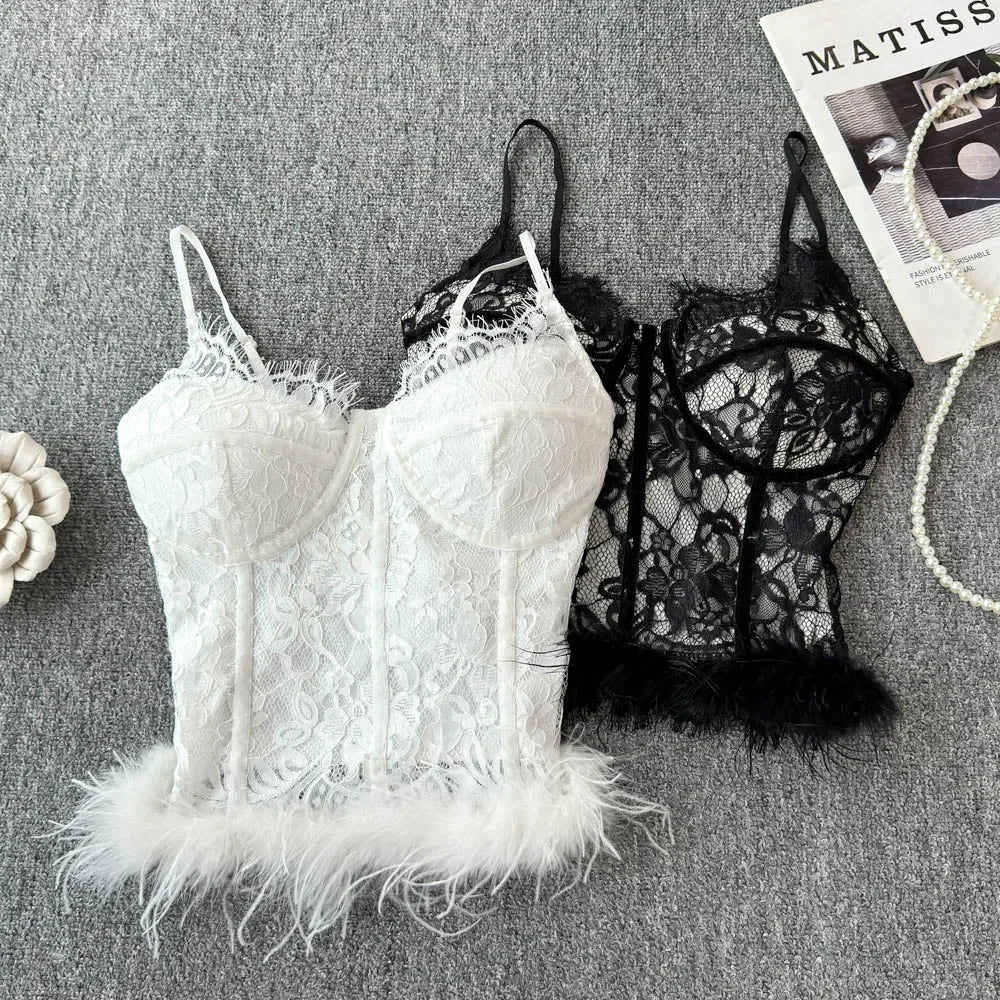 Lace Bustier Top With Feather Trim Design on Luulla