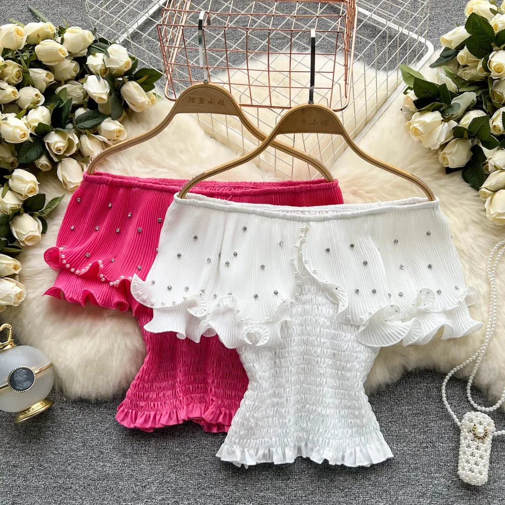 Off-shoulder Ruffled Blouse With Beaded Details on Luulla