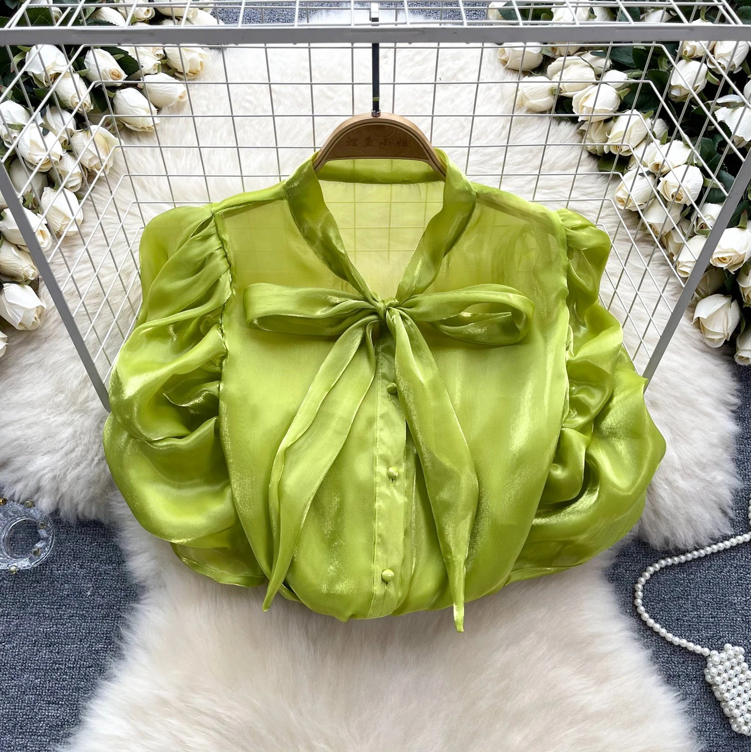 Vibrant Green Satin Blouse With Puff Sleeves on Luulla