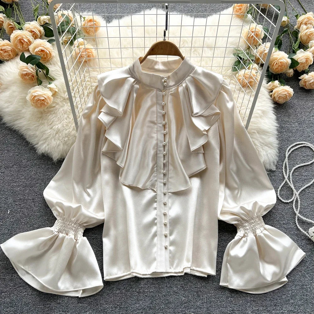 Satin Ruffle Blouse With Buttoned Cuffs Design on Luulla