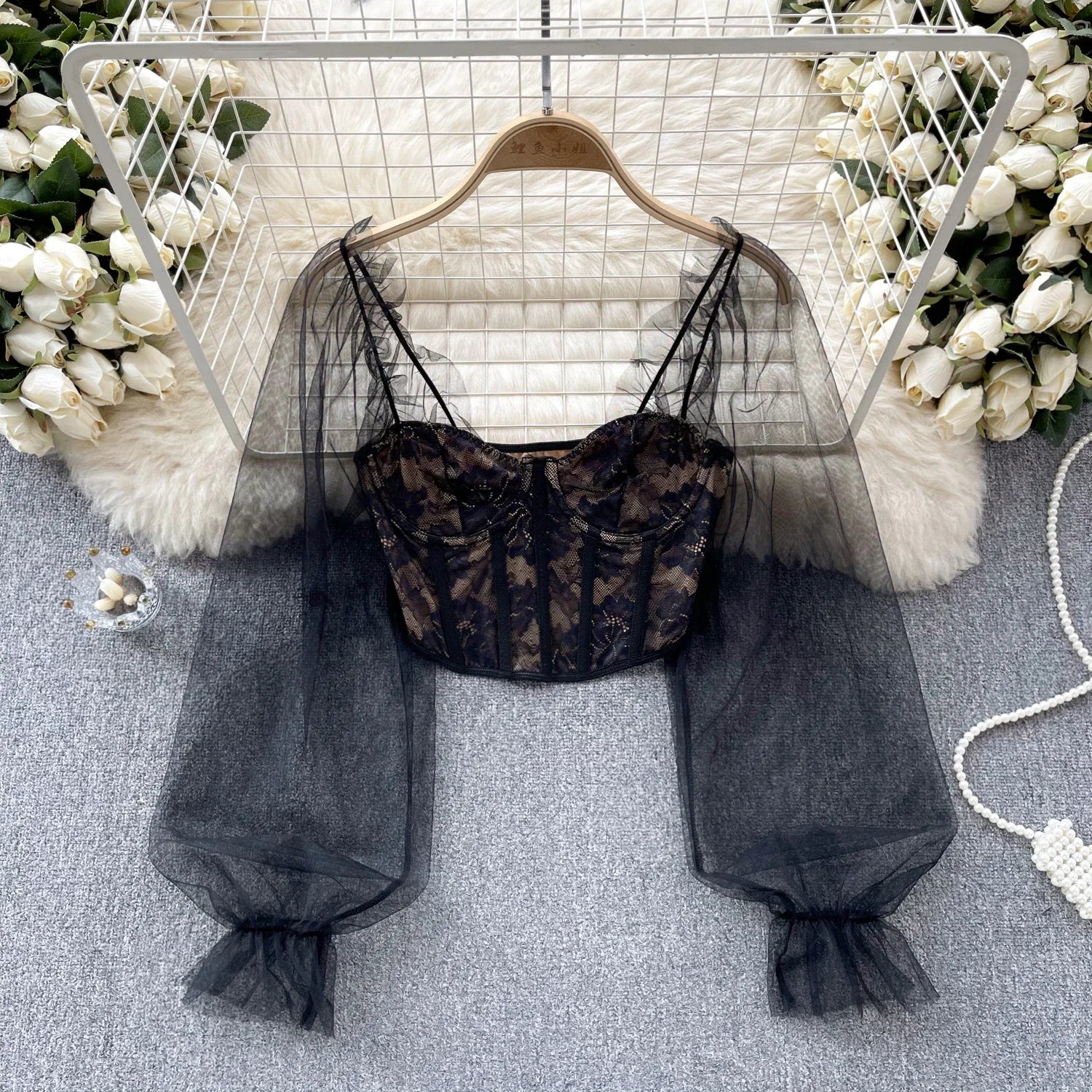 Sheer Lace Corset Top With Puff Sleeves on Luulla