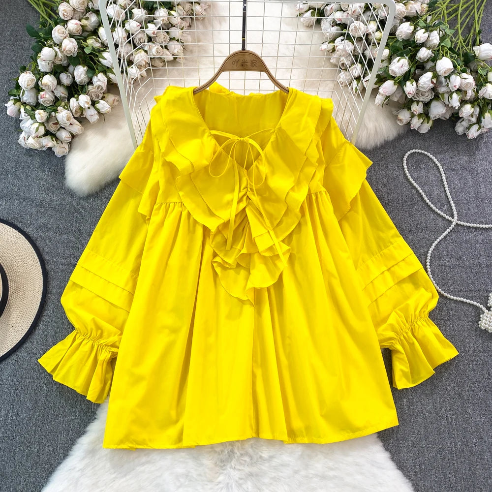 Vibrant Yellow Ruffled Blouse With Flared Sleeves on Luulla