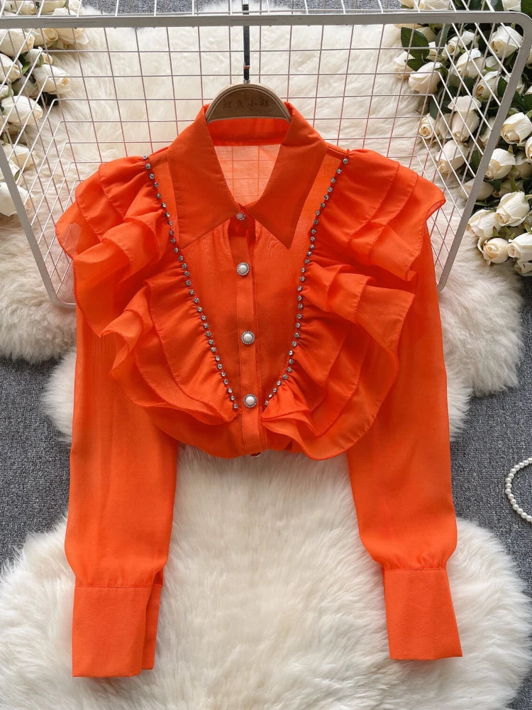 Orange Ruffled Blouse With Pearl Button Details on Luulla