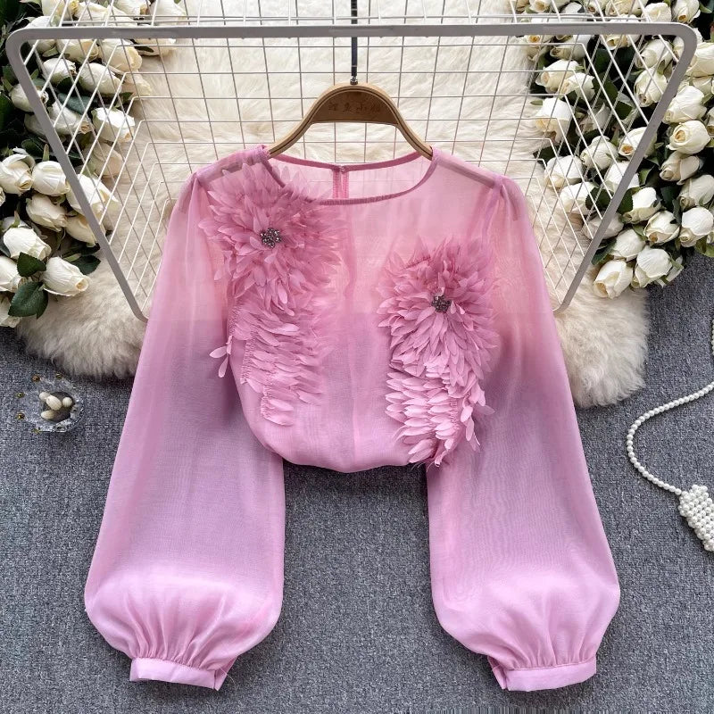 Floral Embellished Sheer Pink Puff Sleeve Blouse on Luulla
