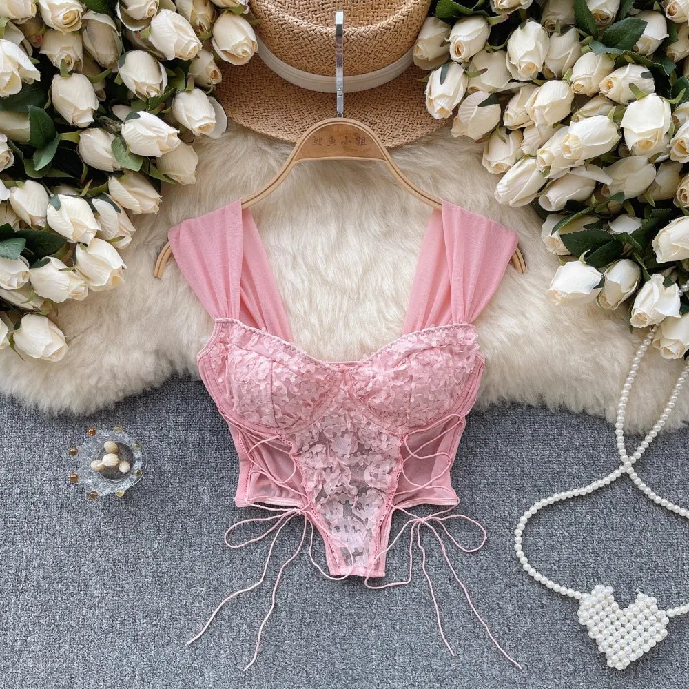 Pink Lace Corset Top With Sheer Straps on Luulla