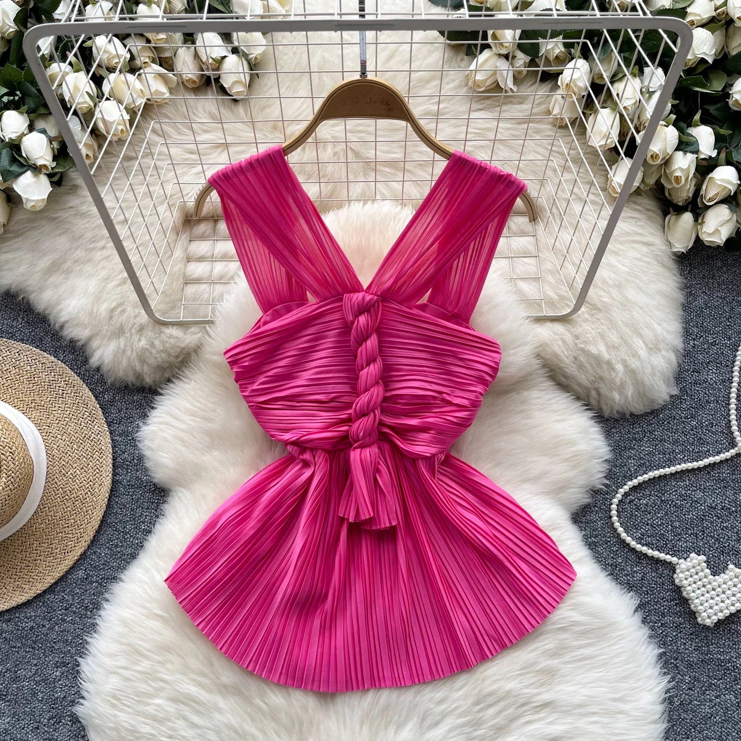 Vibrant Pink Pleated Dress With Braided Straps on Luulla
