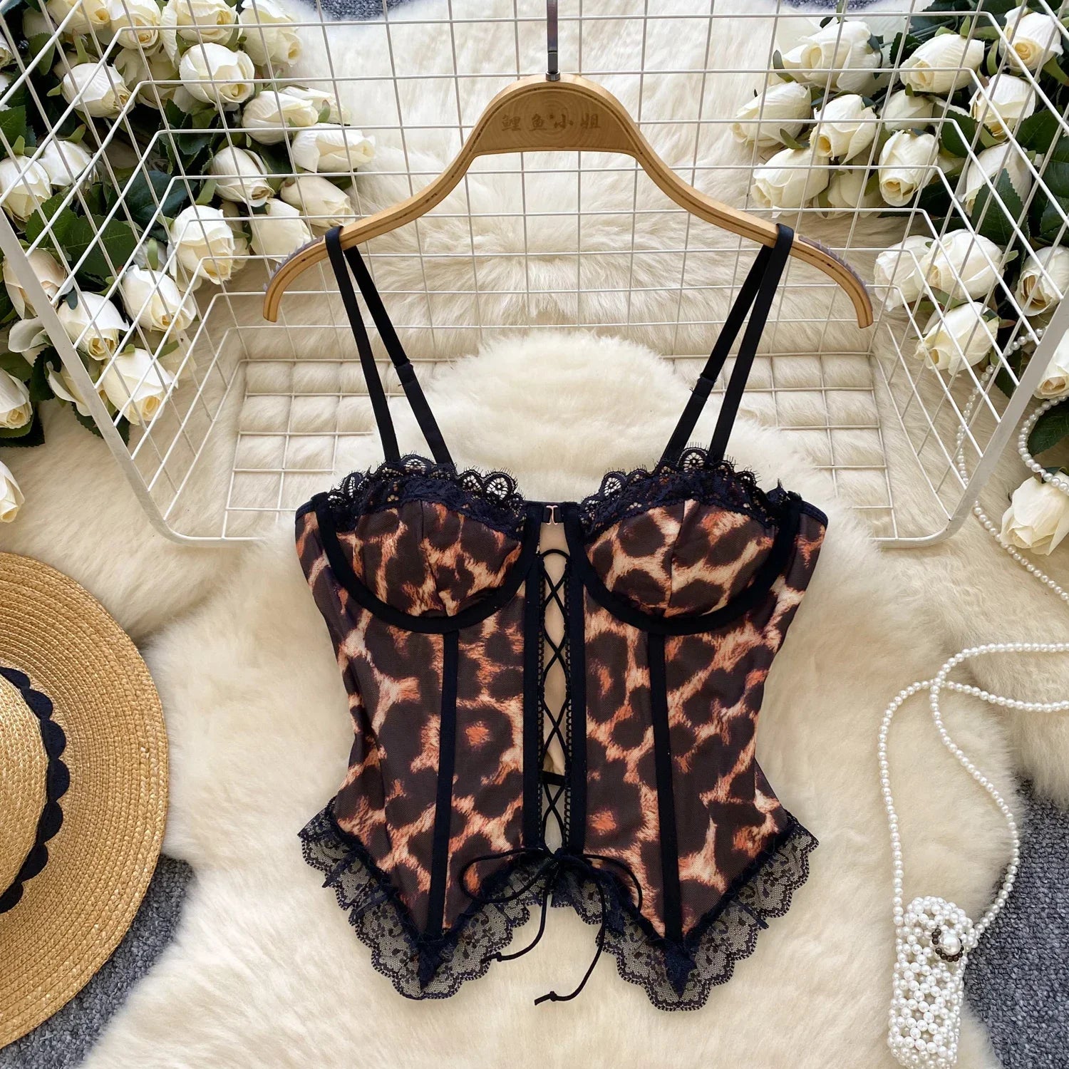 Leopard Print Lace Trim Corset With Straps on Luulla