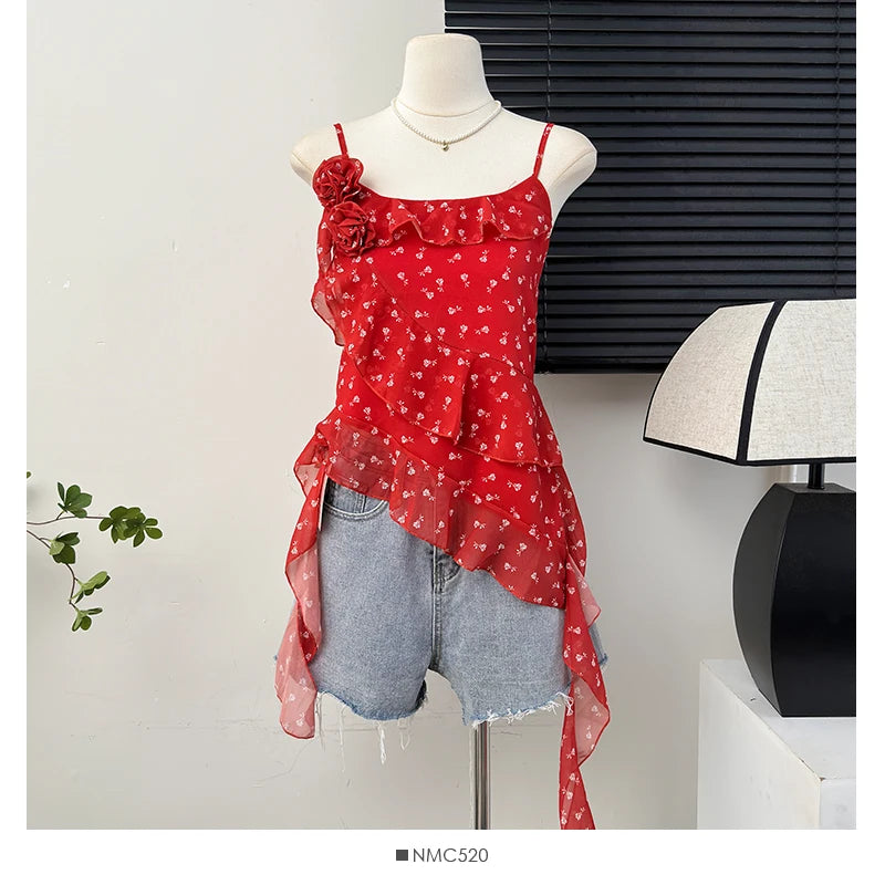 Floral Asymmetrical Red Top With Ruffle Layers on Luulla