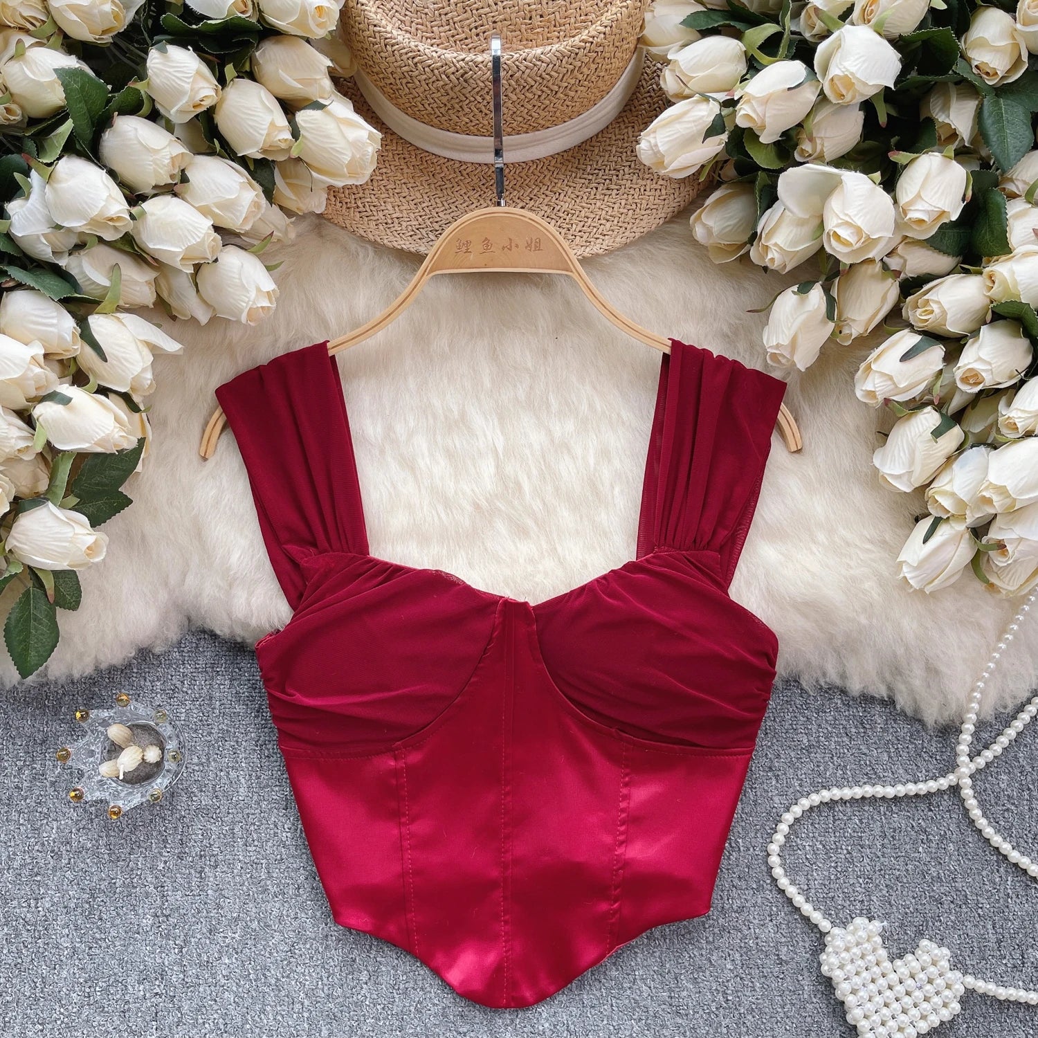 Red Satin Bustier Top With Wide Straps on Luulla
