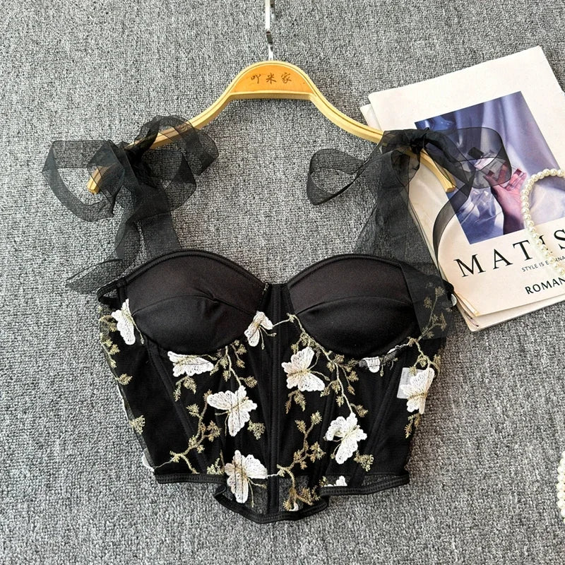 Floral Embroidered Corset Top With Sheer Straps on Luulla