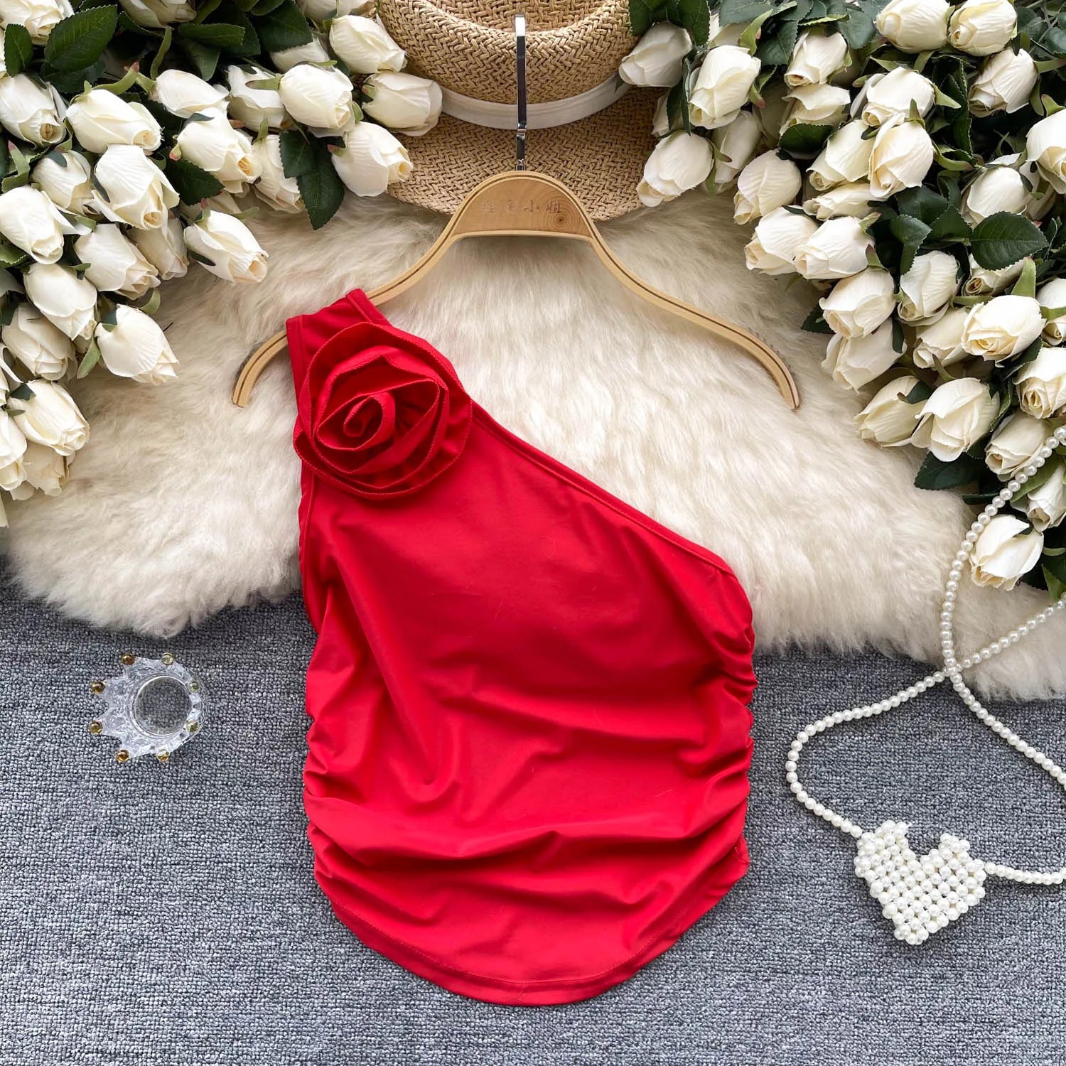 Asymmetrical Red Top With Rose Detail on Luulla