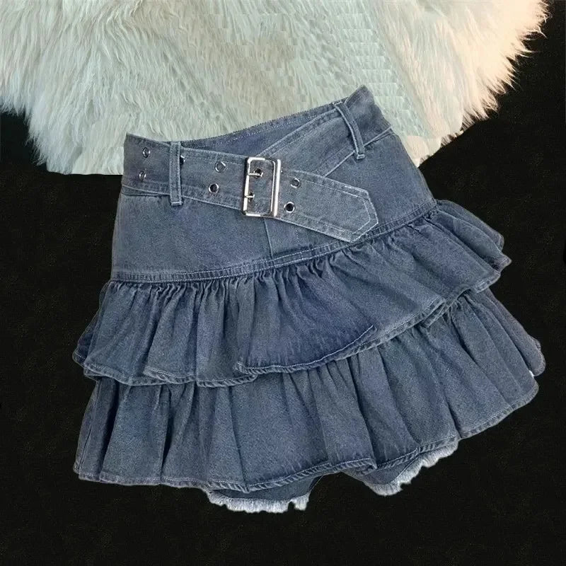 Denim Ruffled Skirt With Adjustable Buckle Accent on Luulla