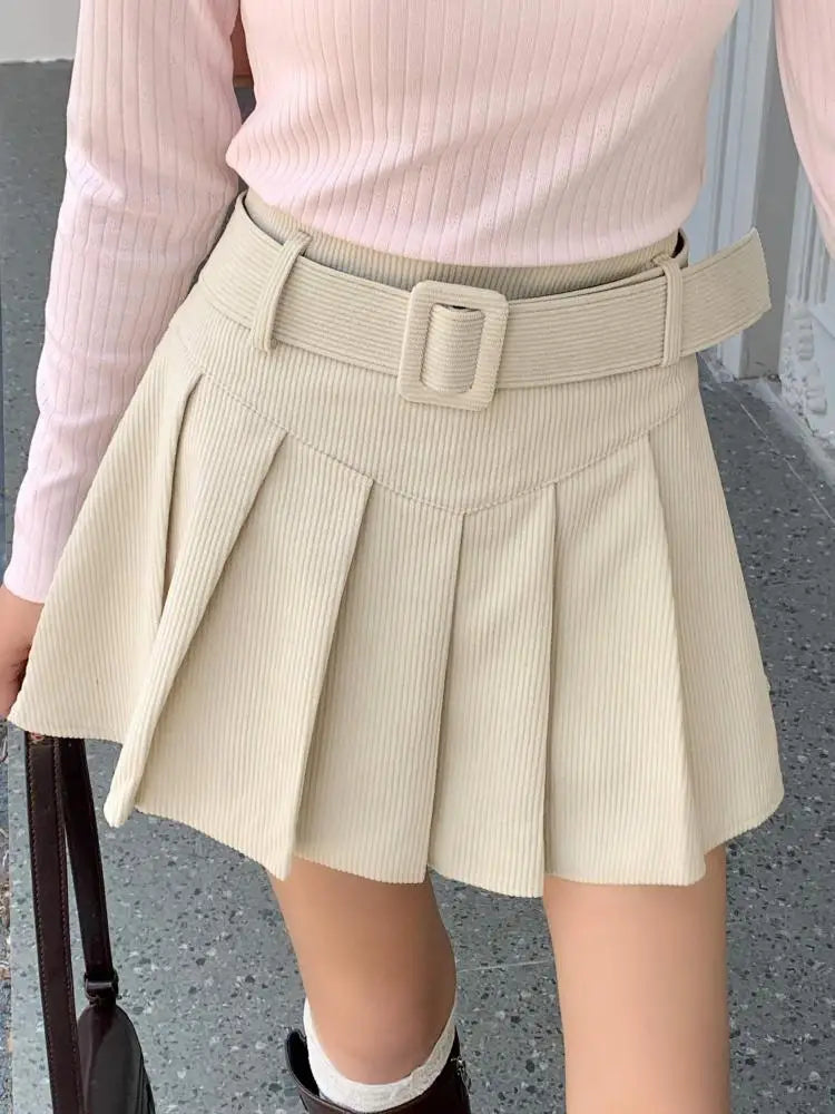 Pleated Beige Corduroy Skirt With Belted Waist K-pop Idol Mini Skirt on ...