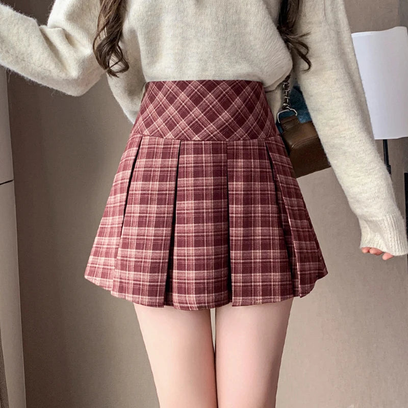 Kpop Idol Mini Skirt High-waisted Red Plaid Pleated Skater Skirt on Luulla