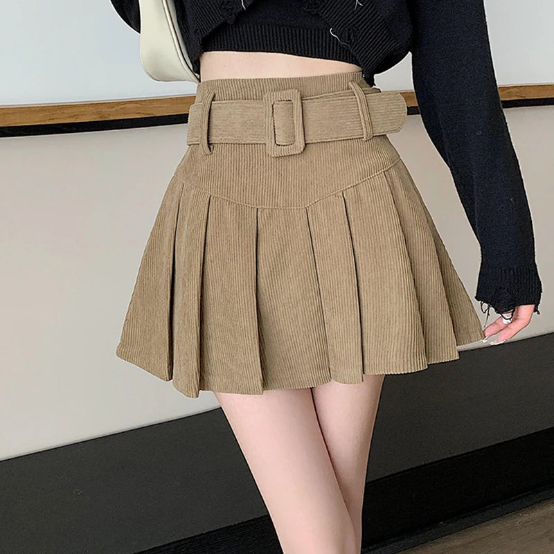 Kpop Idol Mini Skirt Corduroy High-waisted Pleated Skirt With Belt on ...