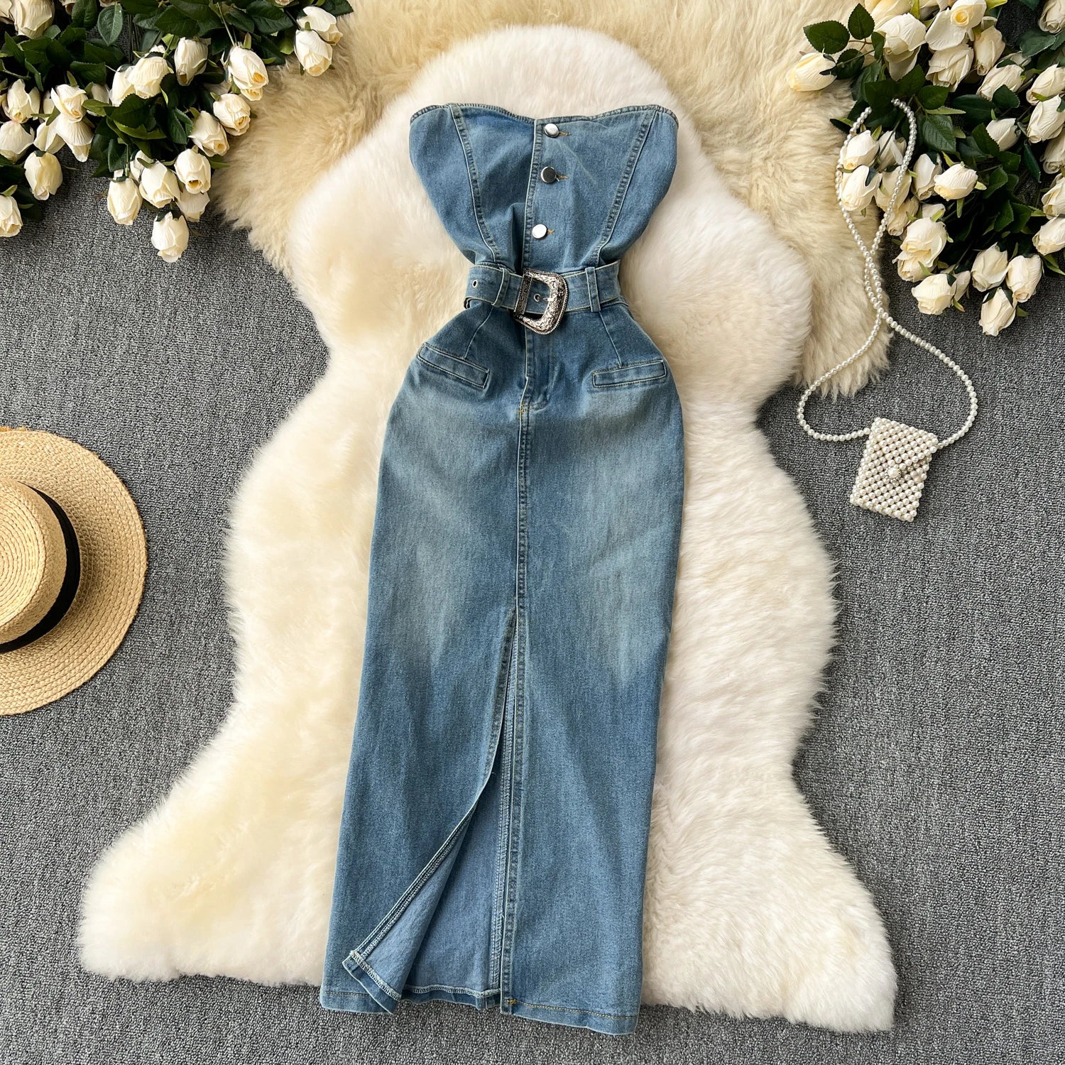 Strapless Denim Dress With Belt And Buttons on Luulla