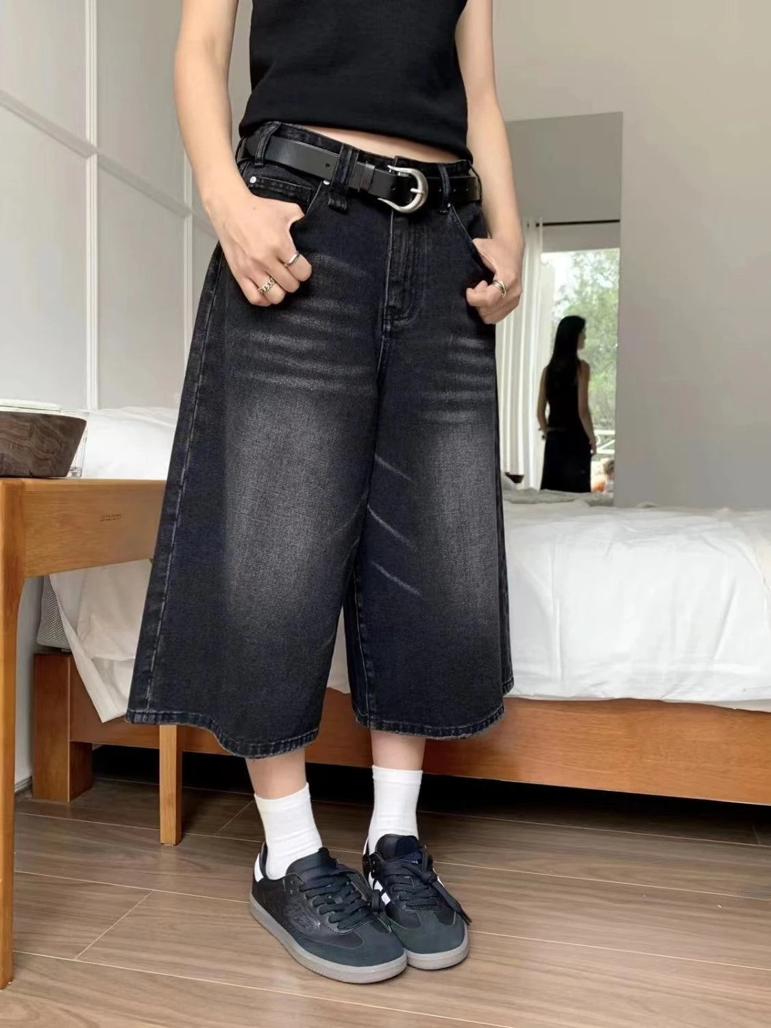 Wide-legged High Waist Denim Culottes For Women on Luulla