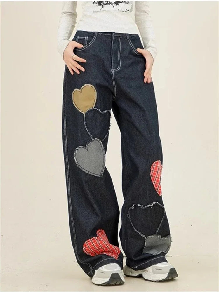 Oversized Denim Jeans With Colorful Heart Patches on Luulla